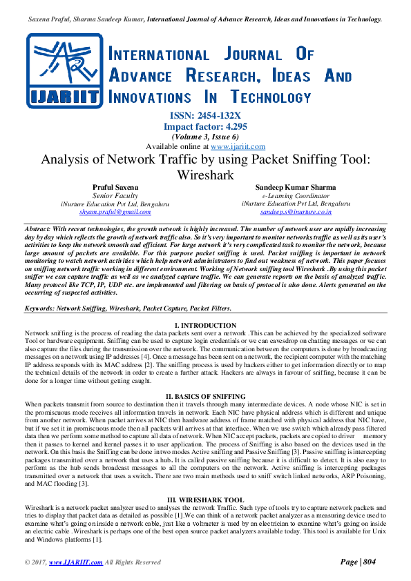 (PDF) Analysis of Network Traffic by Using Packet Sniffing Tool: Wireshark