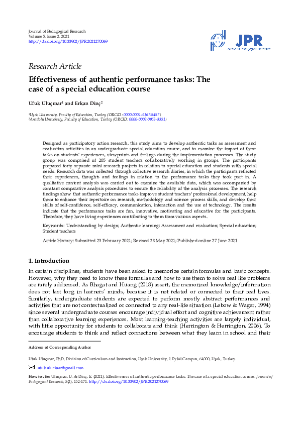 (PDF) Effectiveness of authentic performance tasks: The case of a special education course