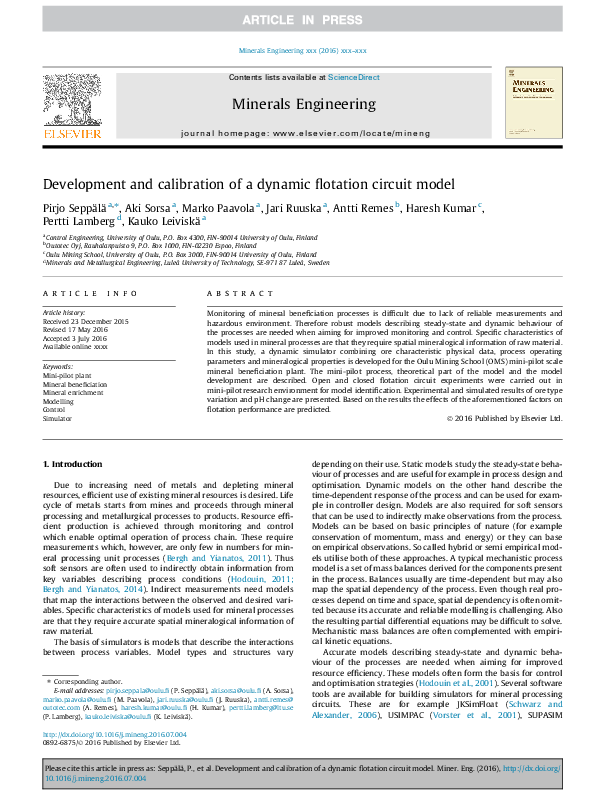 (PDF) Development and calibration of a dynamic flotation circuit model