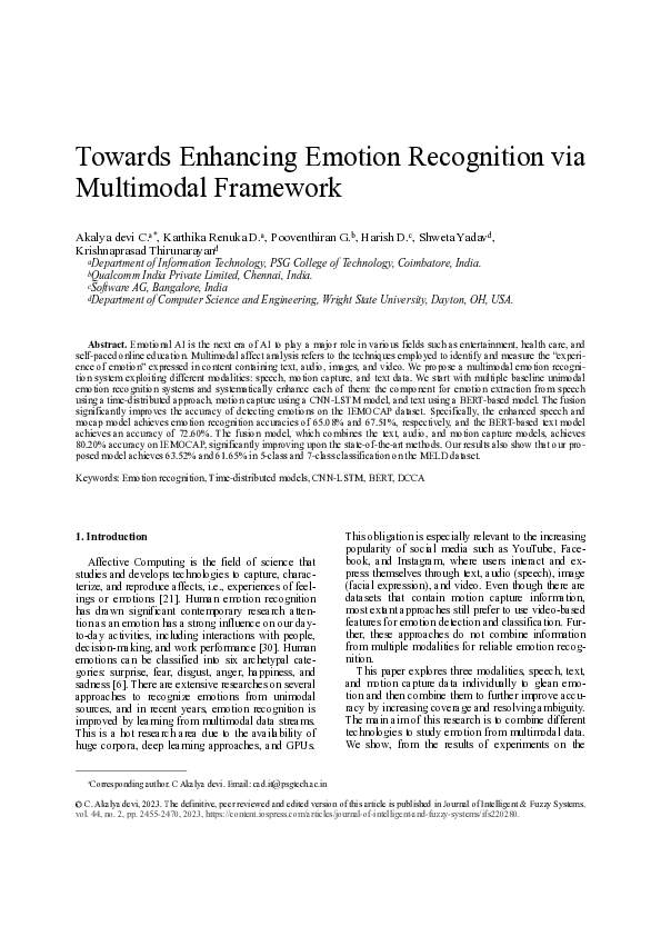 (PDF) Towards Enhancing Emotion Recognition via Multimodal Framework