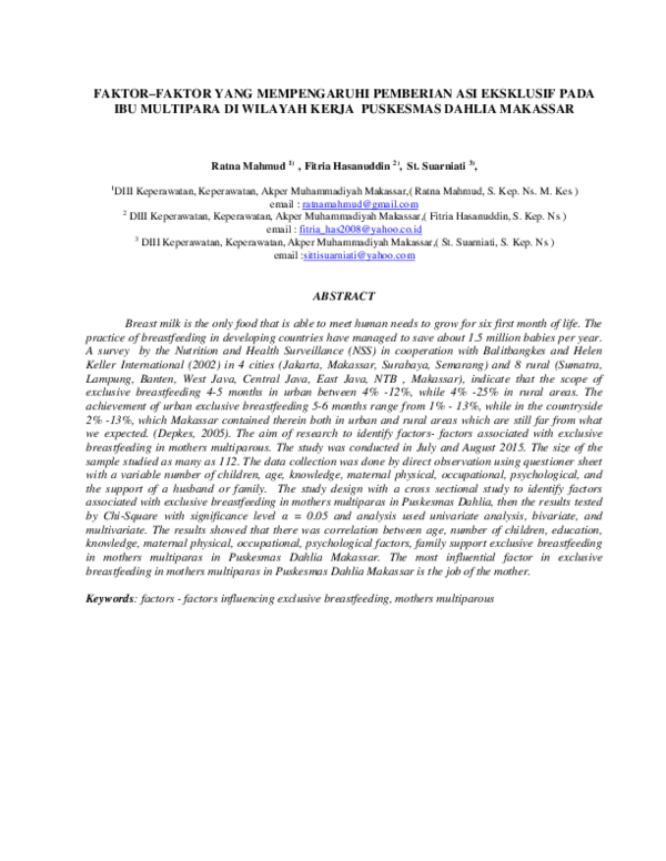 (PDF) FAKTOR-FAKTOR YANG MEMPENGARUHI PEMBERIAN ASI EKSKLUSIF PADA IBU MULTIPARA DI WILAYAH ...