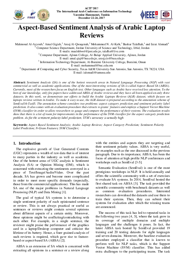(PDF) Aspect-Based Sentiment Analysis of Arabic Laptop Reviews