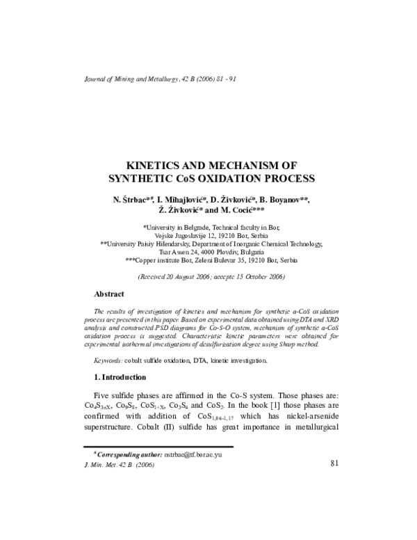 (PDF) Kinetics and mechanism of synthetic CoS oxidation process