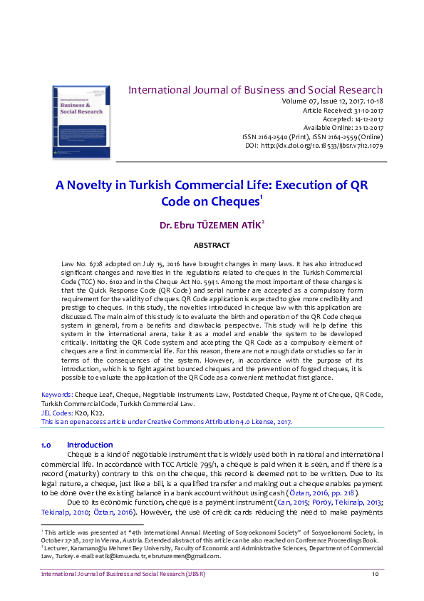 (PDF) A Novelty in Turkish Commercial Life: Execution of QR-Code on Cheques