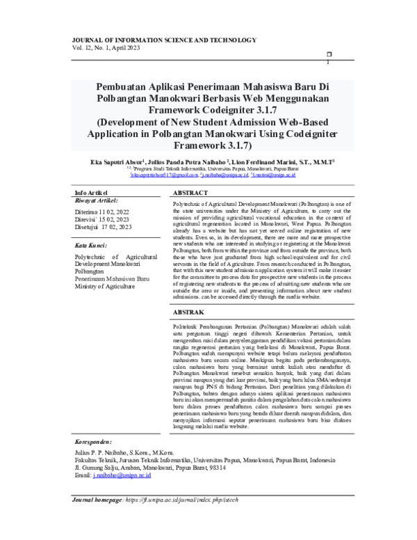 (PDF) Development of New Student Admission Web-Based Application in Polbangtan Manokwari Using ...