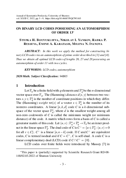 (PDF) LCD codes with automorphism of order 13