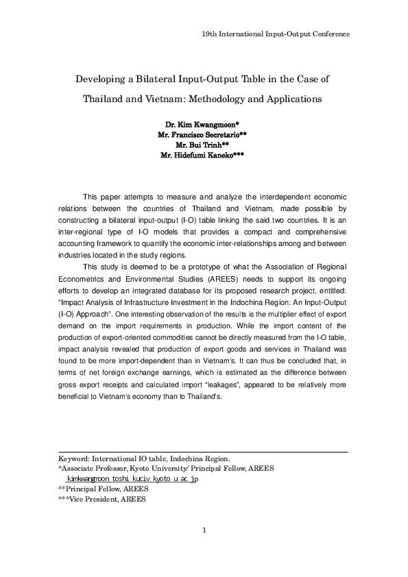 (PDF) Developing a bilateral input-output table in the case of Thailand and Vietnam: Methodology ...
