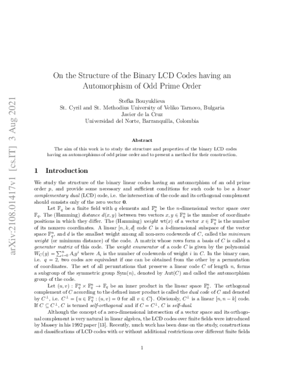 (PDF) Binary LCD Codes Having an Automorphism of Odd Prime Order