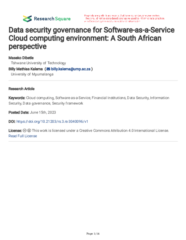(PDF) Data security governance for Software-as-a-Service Cloud computing environment: A South ...