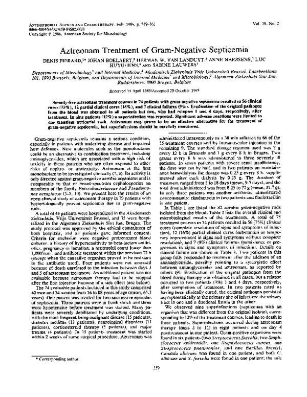 (PDF) Aztreonam treatment of gram-negative septicemia | Johan Boelaert ...