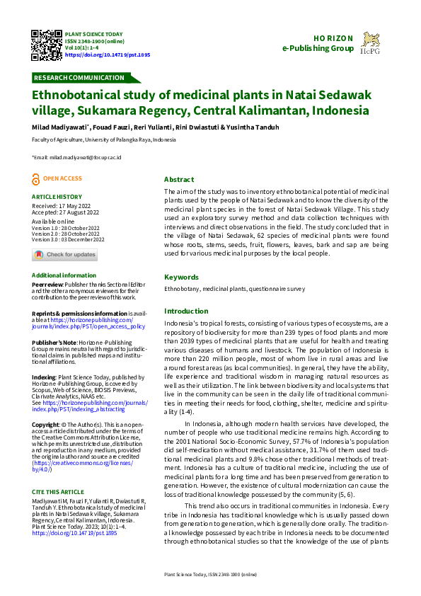 (PDF) Ethnobotanical study of medicinal plants in Natai Sedawak village, Sukamara Regency ...