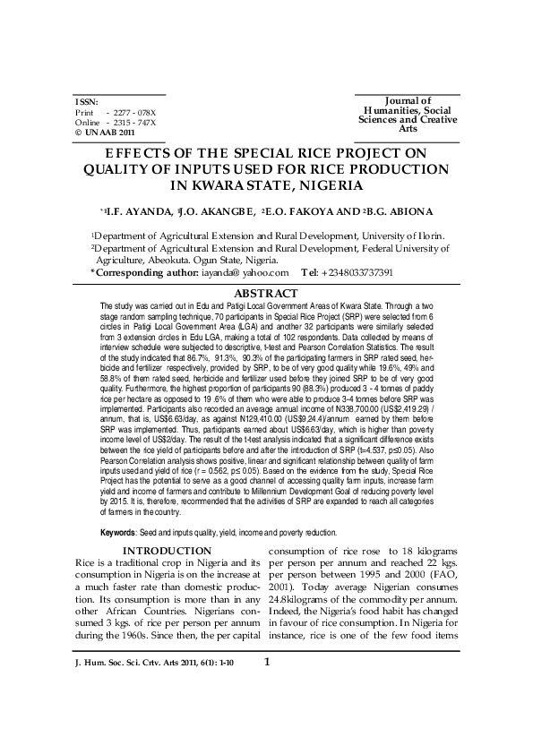 (PDF) Effects of the Special Rice Project on Quality of Inputs Used for ...