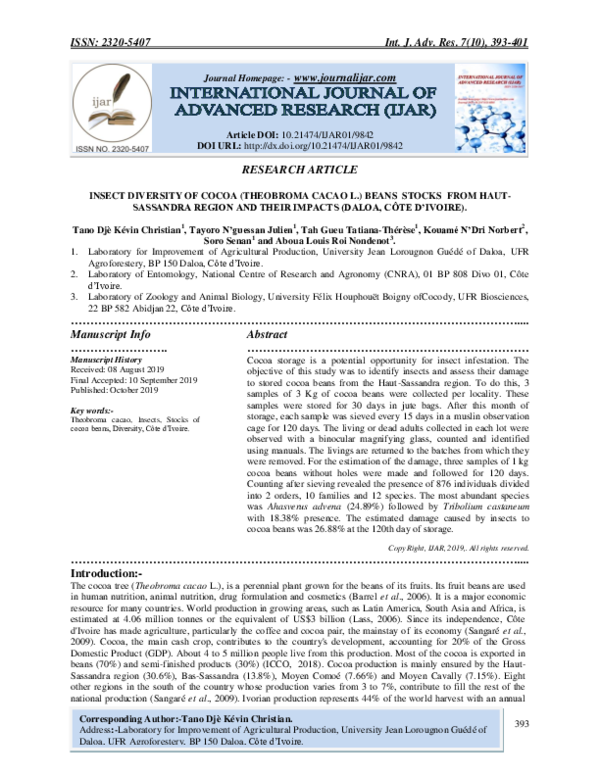 (PDF) Insect Diversity of Cocoa (Theobroma Cacao L.) Beans Stocks from ...