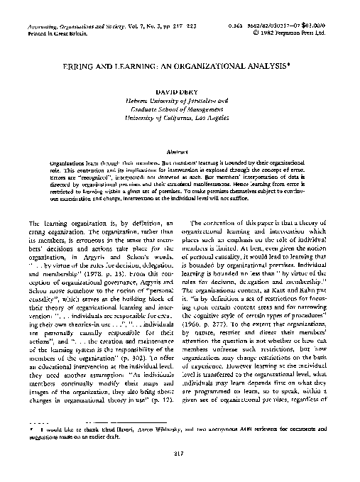 (PDF) Erring and learning: An organizational analysis | David Dery - Academia.edu