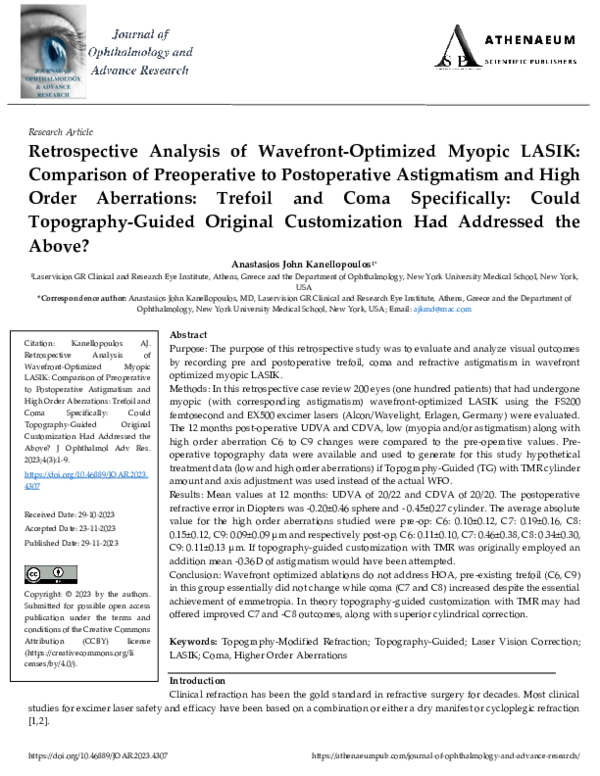 (PDF) Retrospective Analysis of Wavefront-Optimized Myopic LASIK: Comparison of Preoperative to ...