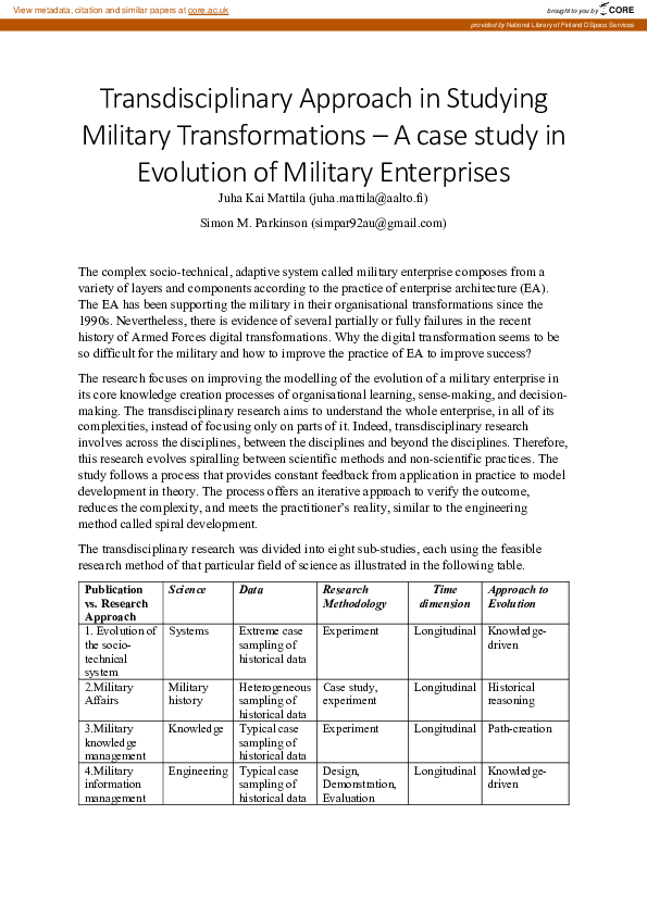 (PDF) Transdisciplinary Approach in Studying Military Transformations – A case study in ...