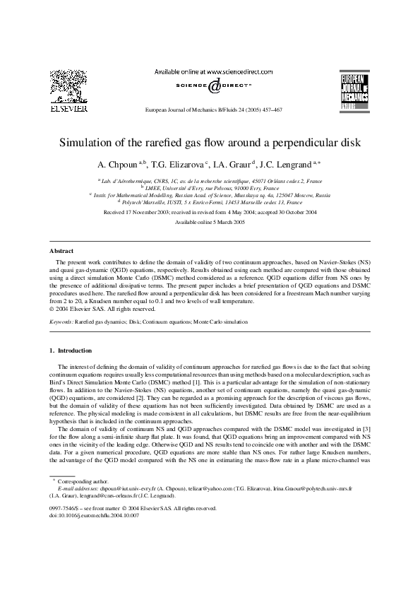 (PDF) Simulation of the rarefied gas flow around a perpendicular disk