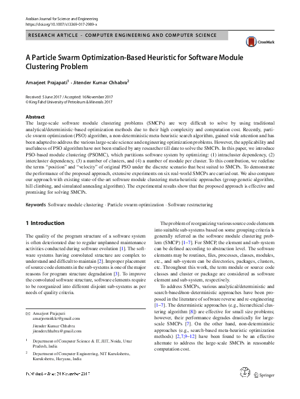 (PDF) A Particle Swarm Optimization-Based Heuristic for Software Module ...