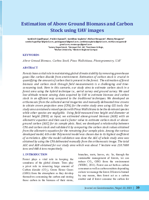 (PDF) Estimation of Above Ground Biomass and Carbon Stock using UAV images