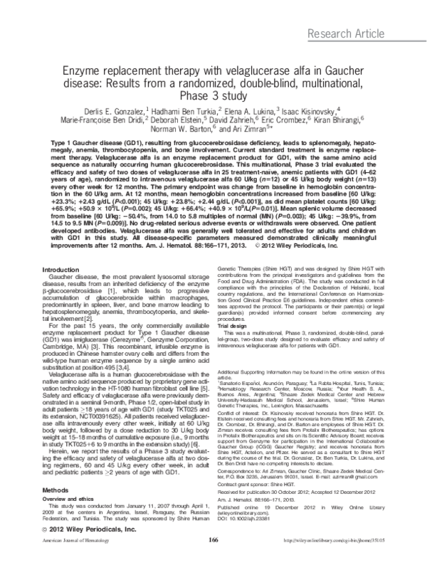 (PDF) Enzyme replacement therapy with velaglucerase alfa in Gaucher ...