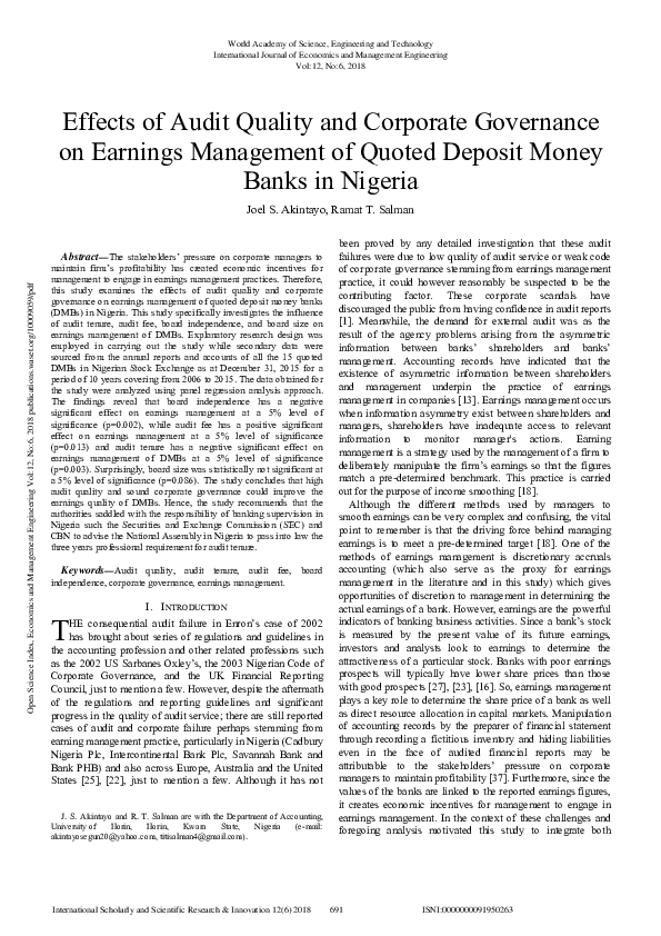 (PDF) Effects of Audit Quality and Corporate Governance on Earnings Management of Quoted Deposit ...
