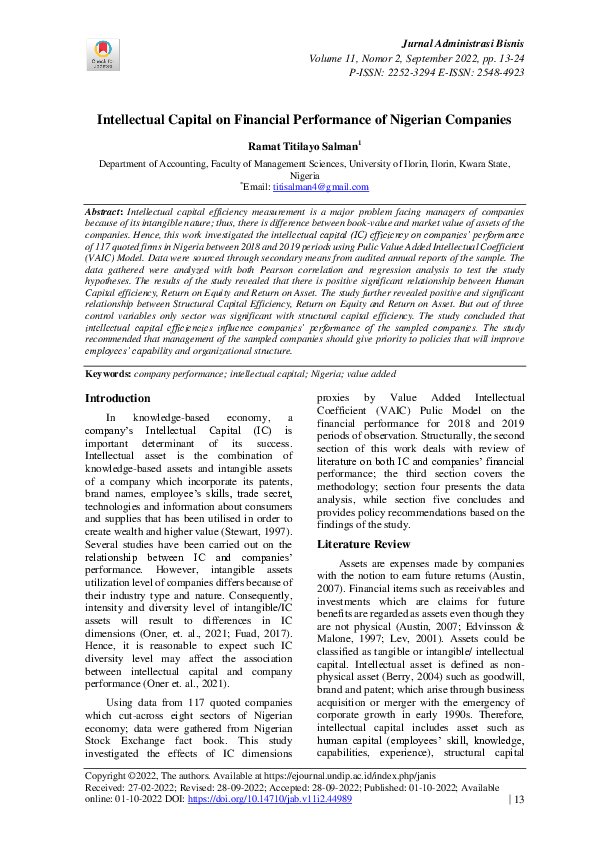 (PDF) Intellectual Capital on Financial Performance of Nigerian Companies