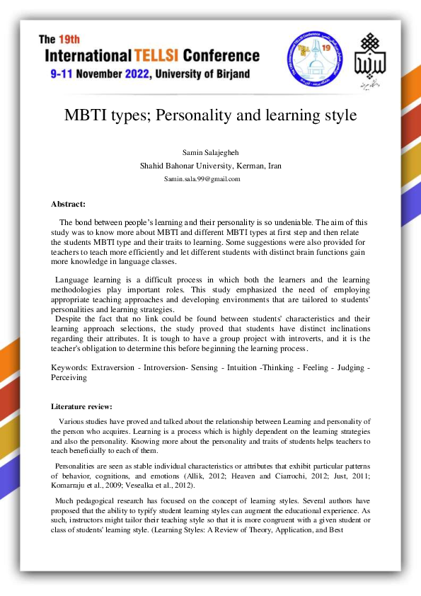 (PDF) MBTI types; Personality and learning style