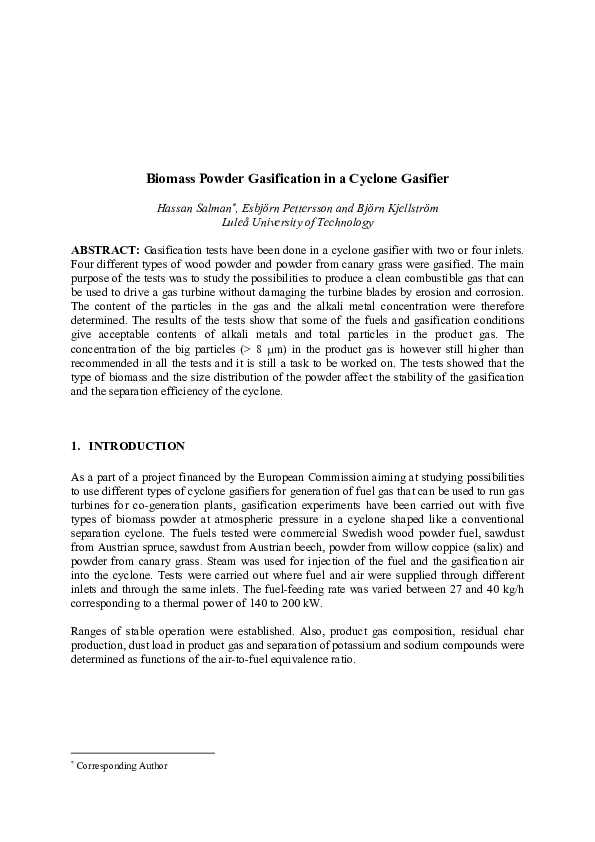(PDF) Biomass powder gasification in a cyclone gasifier | Björn ...