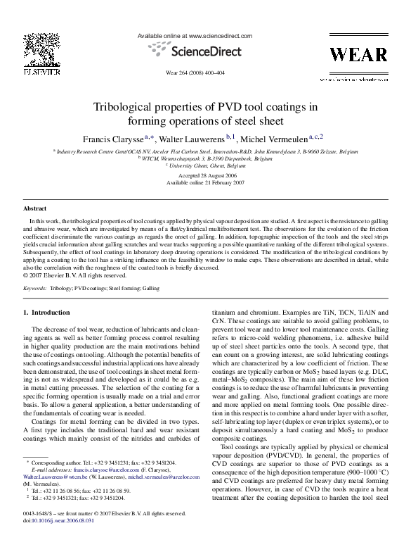 (PDF) Tribological properties of PVD tool coatings in forming operations of steel sheet