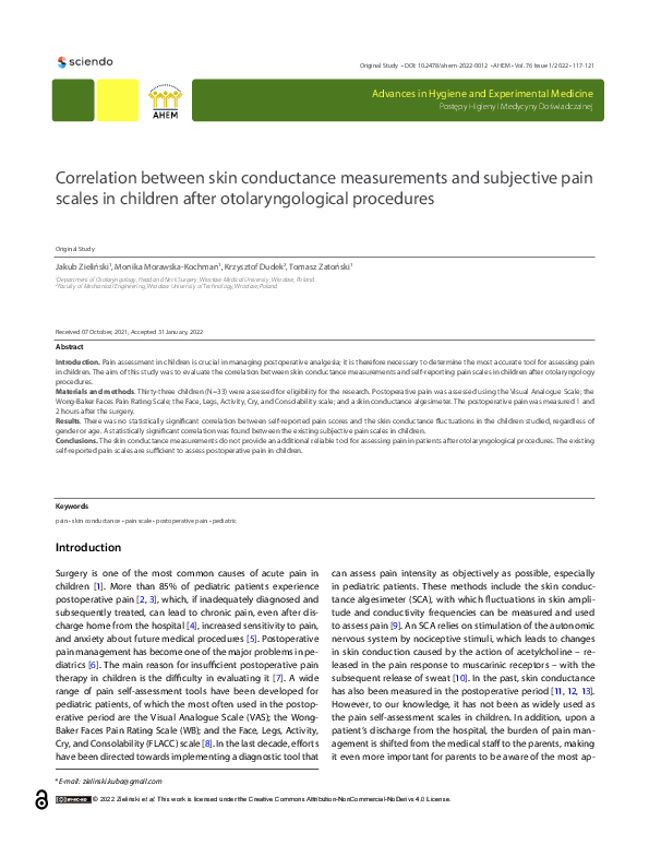 (PDF) Skin Conductance vs Pain Scales in Postoperative Children