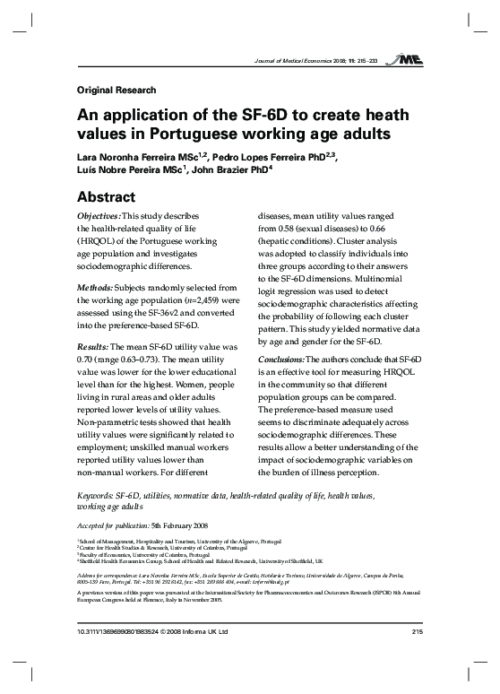 (PDF) An application of the SF-6D to create heath values in Portuguese working age adults