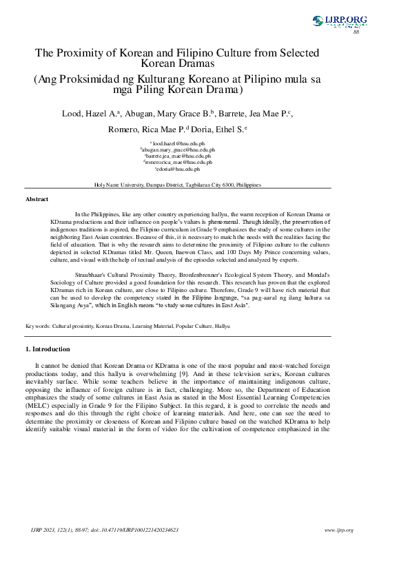 (PDF) The Proximity of Korean and Filipino Culture from Selected Korean ...
