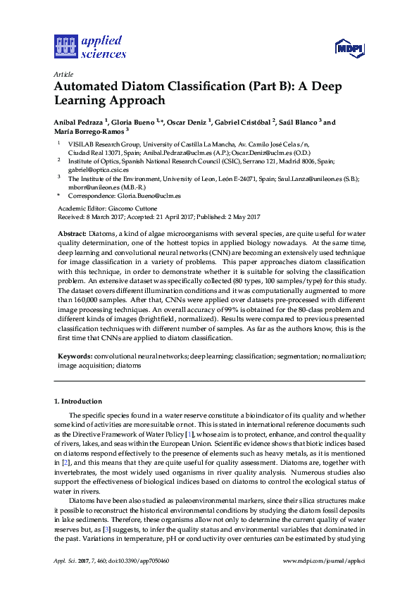 (PDF) Automated Diatom Classification (Part B): A Deep Learning Approach