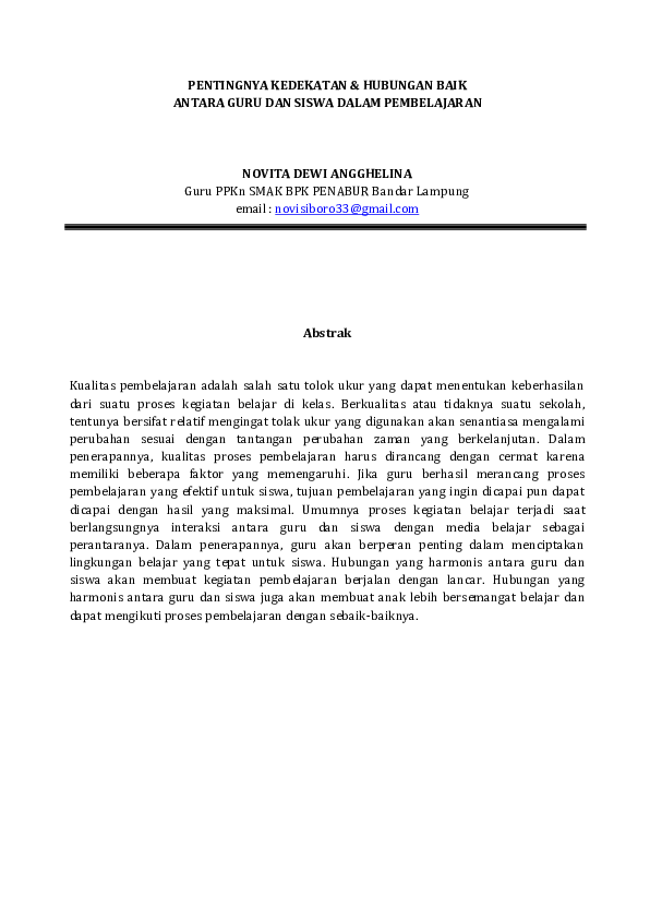 (PDF) PENTINGNYA KEDEKATAN & HUBUNGAN BAIK ANTARA GURU DAN SISWA DALAM PEMBELAJARAN