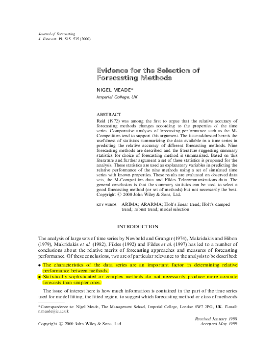 Pdf Evidence For The Selection Of Forecasting Methods