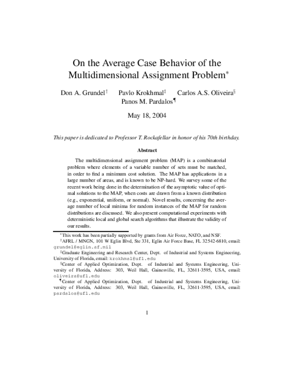 Pdf On The Average Case Behavior Of The Multidimensional Assignment Problem