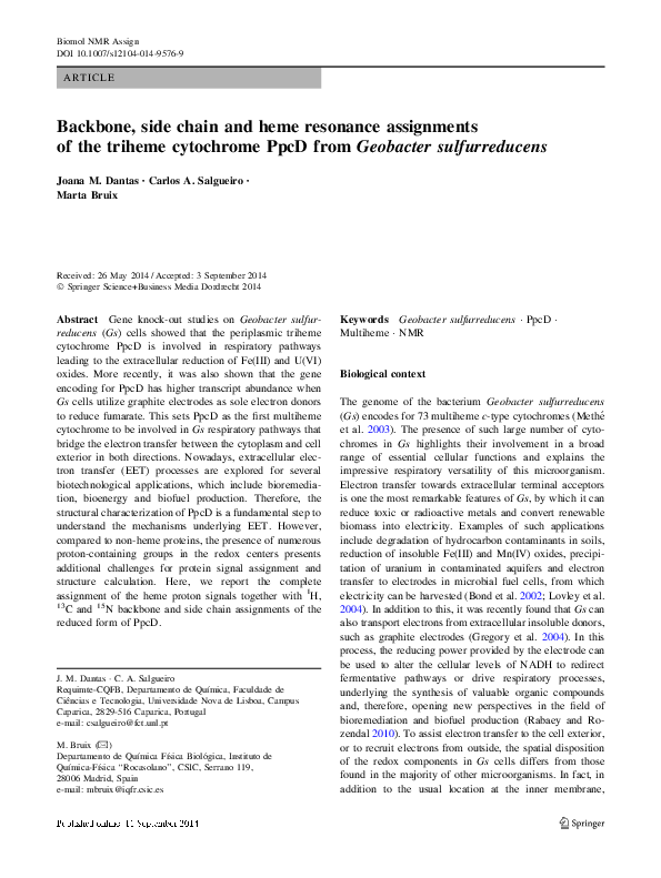 (PDF) Backbone, side chain and heme resonance assignments of the ...