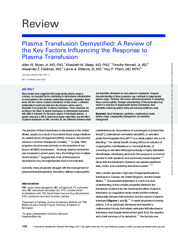 (PDF) Plasma Transfusion Demystified: A Review of the Key Factors ...