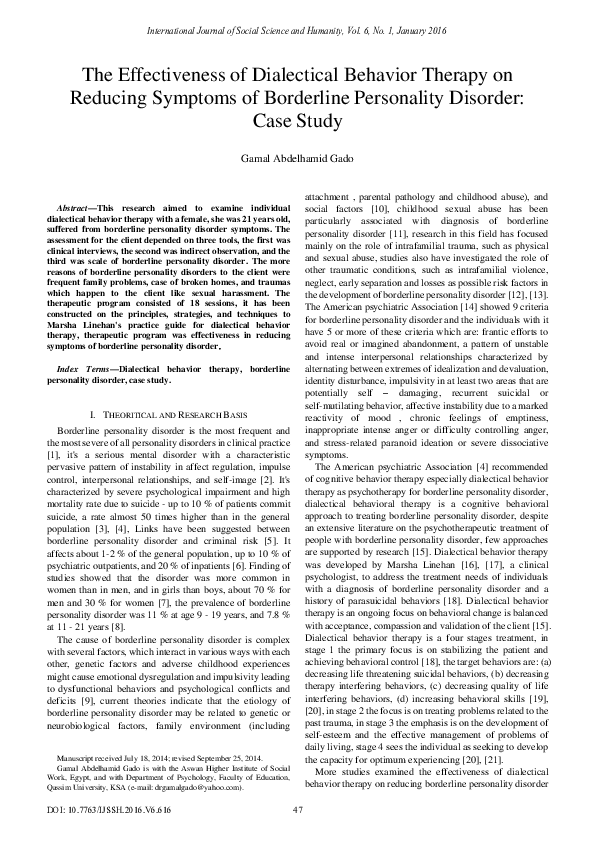 (PDF) The Effectiveness of Dialectical Behavior Therapy on Reducing ...