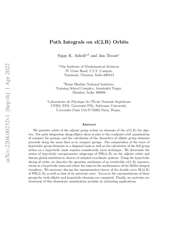 (PDF) Path integrals on sl(2, R) orbits | Jan Troost - Academia.edu