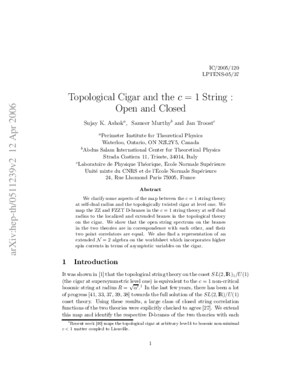 (PDF) Topological cigar and the c = 1 string: open and closed