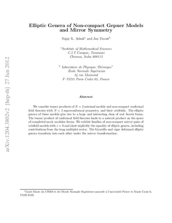 (PDF) Elliptic Genera of Non-compact Gepner Models and Mirror Symmetry