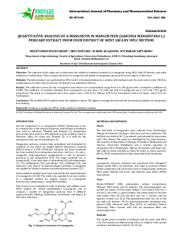 Pdf Quantitative Analysis Of Α Mangostin In Mangosteen Garcinia Mangostana L Pericarp