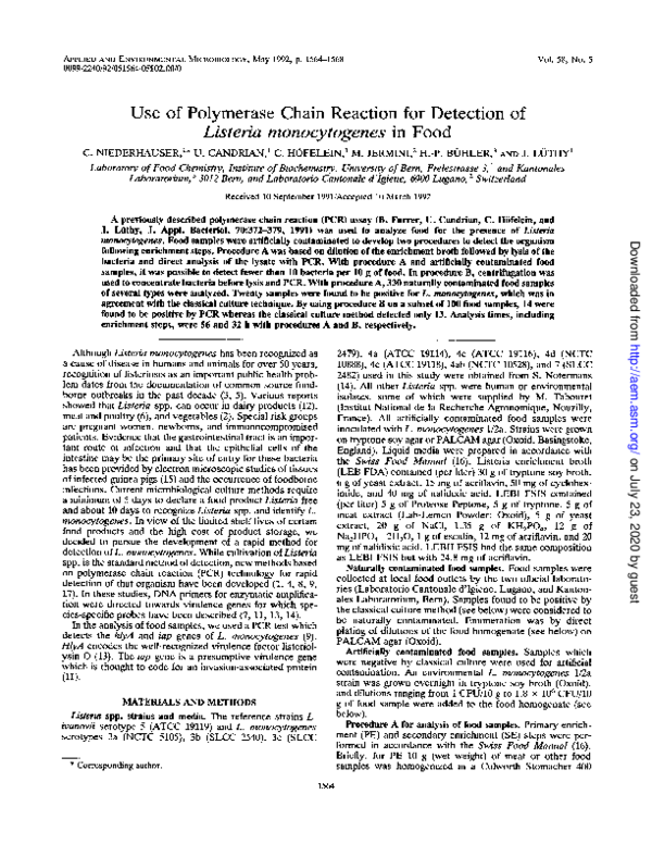 (PDF) Use of polymerase chain reaction for detection of Listeria monocytogenes in food | Marco ...