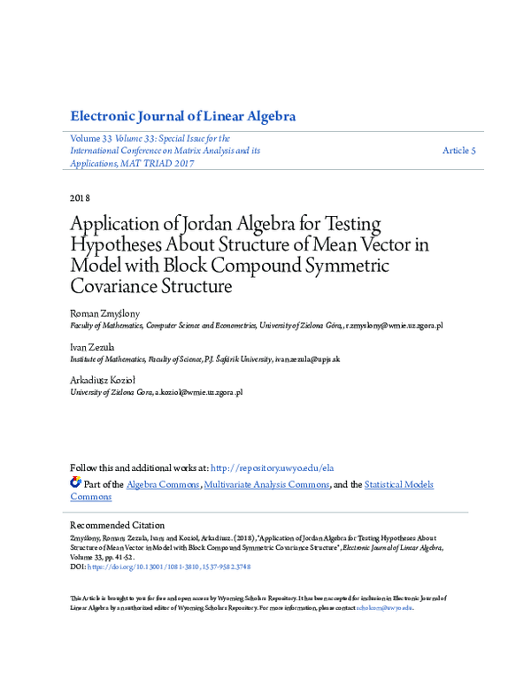(PDF) Application of Jordan Algebra for Testing Hypotheses About ...