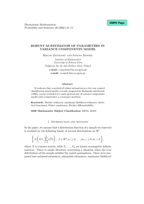 (PDF) Robust m-estimator of parameters in variance components model