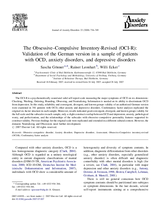 (PDF) The Obsessive–Compulsive Inventory-Revised (OCI-R): Validation of ...