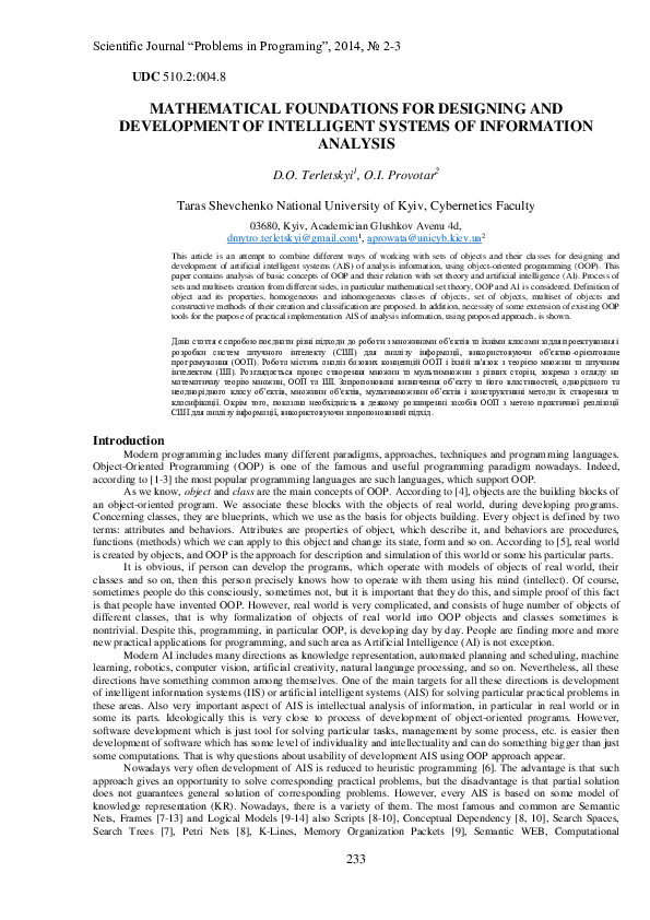 (PDF) Mathematical Foundations for Designing and Development of Intelligent Systems of ...
