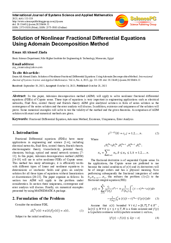 (PDF) Solution of Nonlinear Fractional Differential Equations Using Adomain Decomposition Method