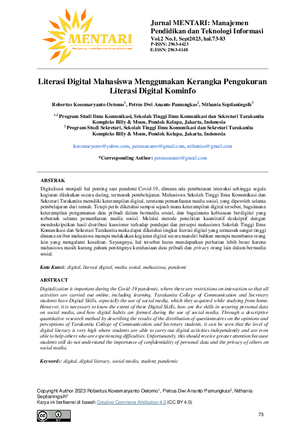 (PDF) Literasi Digital Mahasiswa Menggunakan Kerangka Pengukuran Literasi Digital Kominfo